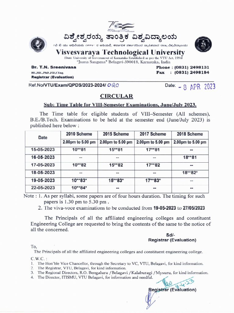VIII Sem Jun Jul23 TimeTable | PDF