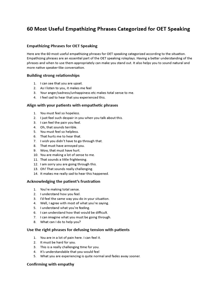 60 Most Useful Empathizing Phrases Categorized For OET Speaking | PDF ...