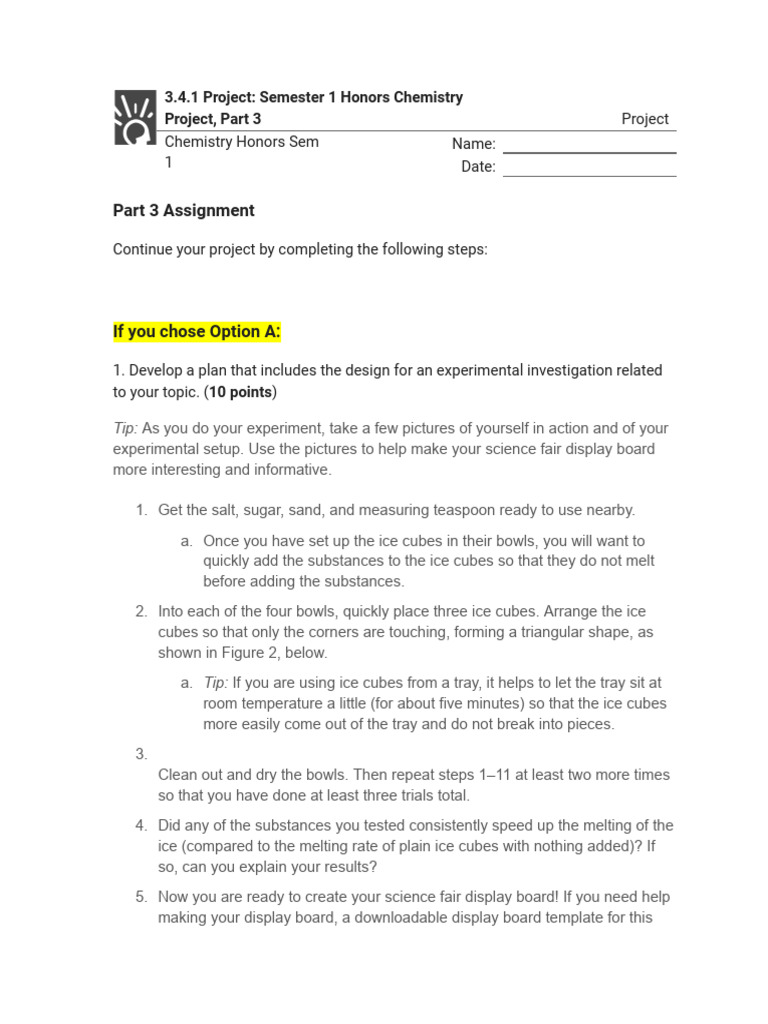 3.4.1 Project - Semester 1 Honors Chemistry Project, Part 3 (Project ...