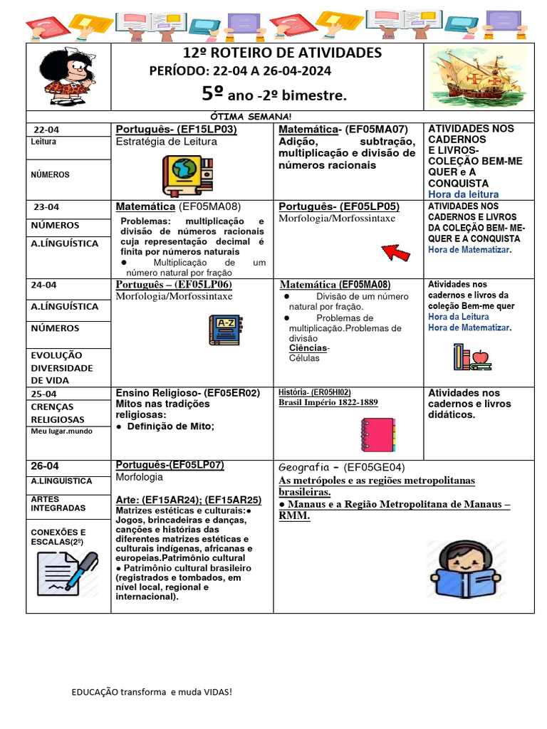 5º ANO - 12º ROTEIRO SEMANAL 22 A 26-04-2024 - MARCYA FILIZOLA | PDF