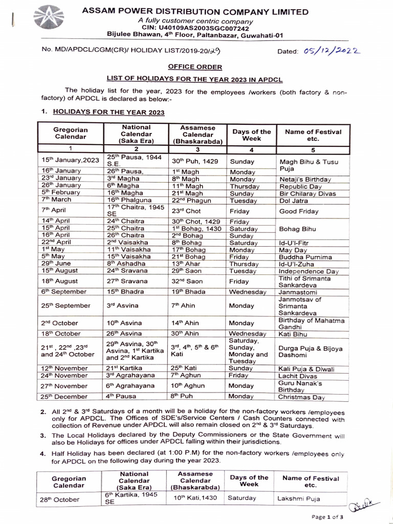 Holidays List of APDCL For The Year 2023 | PDF | Lunisolar Calendars