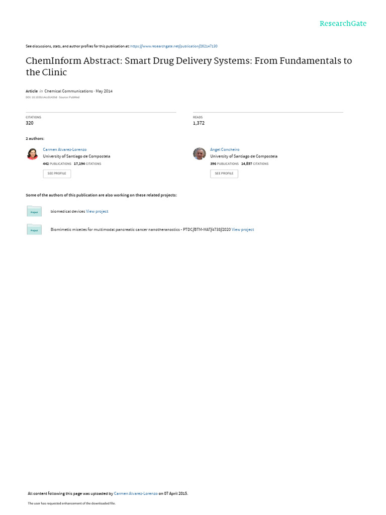 Smart Drug Delivery Systems. Articulo 2014 | PDF | Polymers | Biomaterial