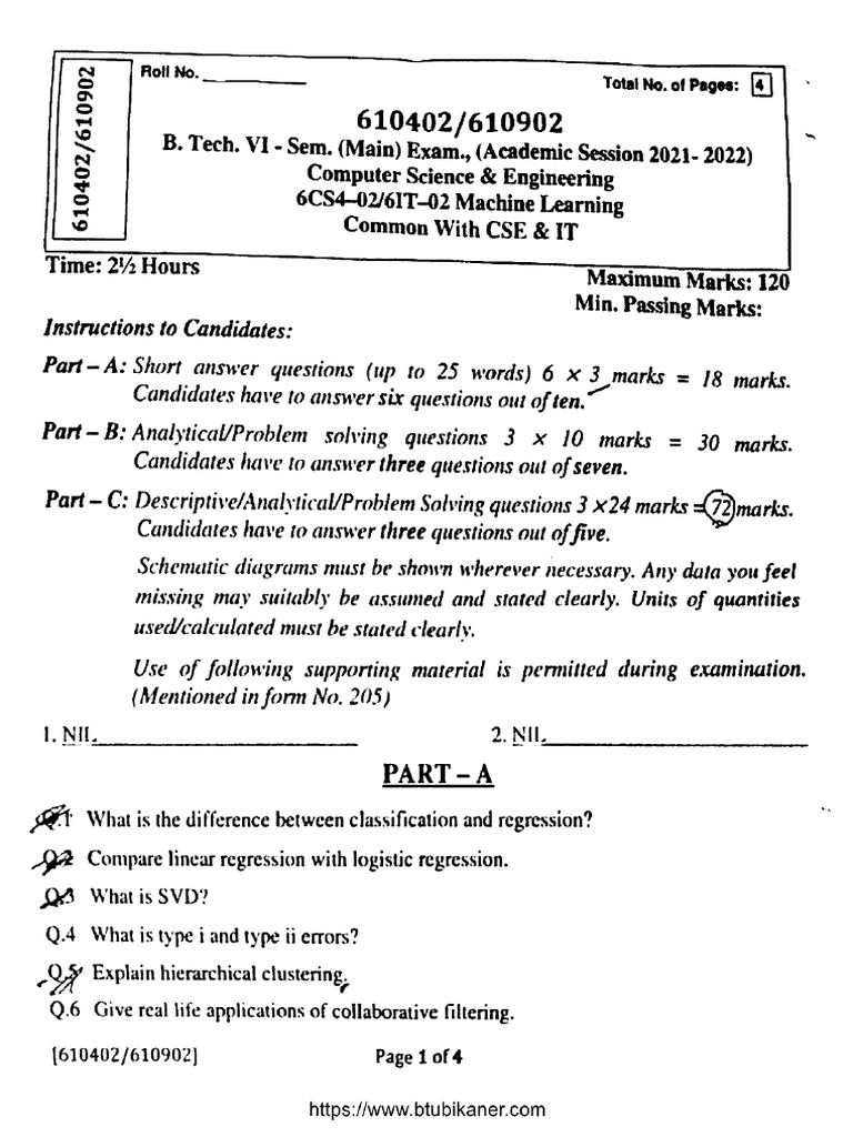 Btech Cs It 6 Sem Machine Learning 610402 2022 | PDF