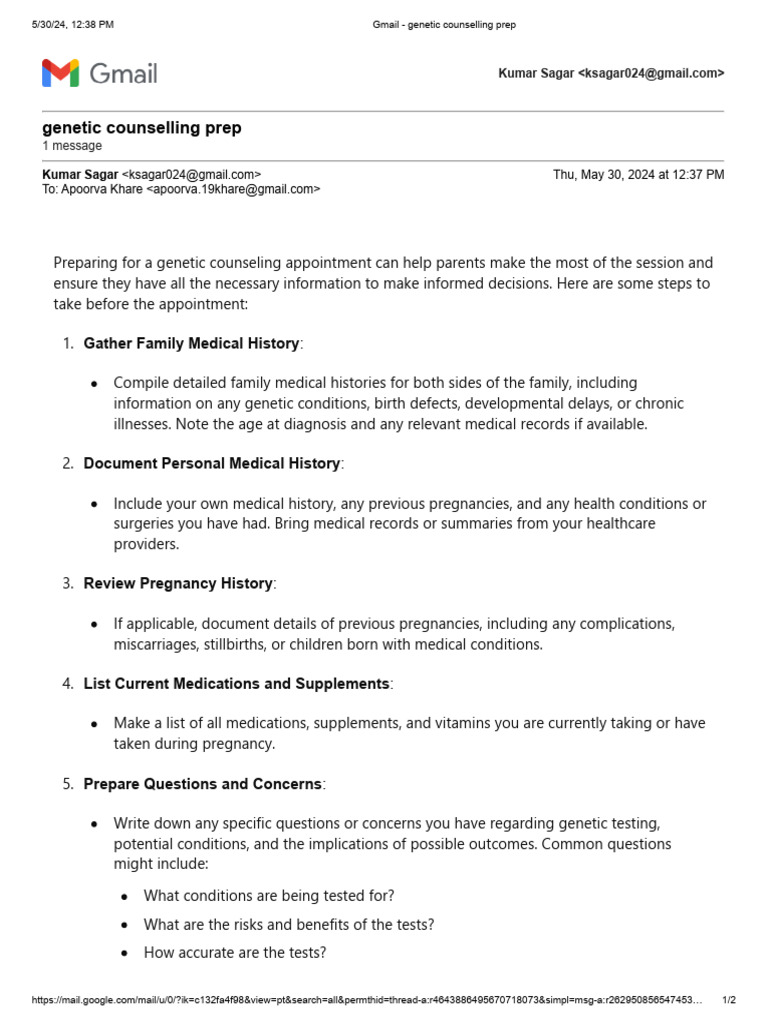 Gmail - Genetic Counselling Prep | PDF | Genetic Counseling | Pregnancy Gmail - Genetic Counselling Prep | PDF | Genetic Counseling | Pregnancy