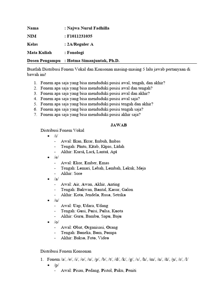 Tugas Fonologi Distribusi Fonem Vokal Dan Konsonan | PDF | Kajian ...