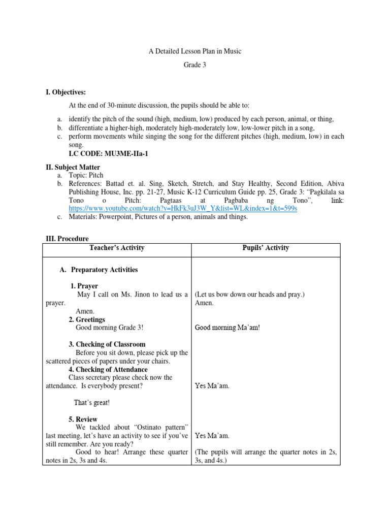 A Detailed Lesson Plan in Music | PDF | Pitch (Music) | Sound