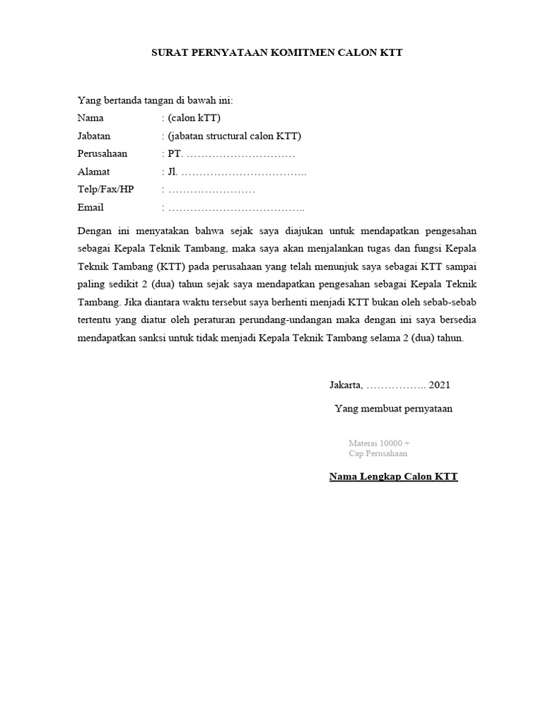 Surat Pernyataan Komitmen Calon KTT | PDF