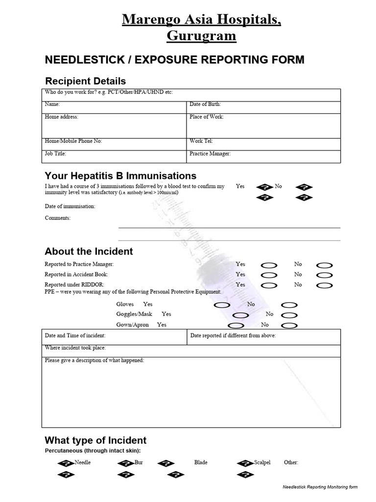 Needlestick Reporting Monitoring Form | PDF | Clinical Medicine ...