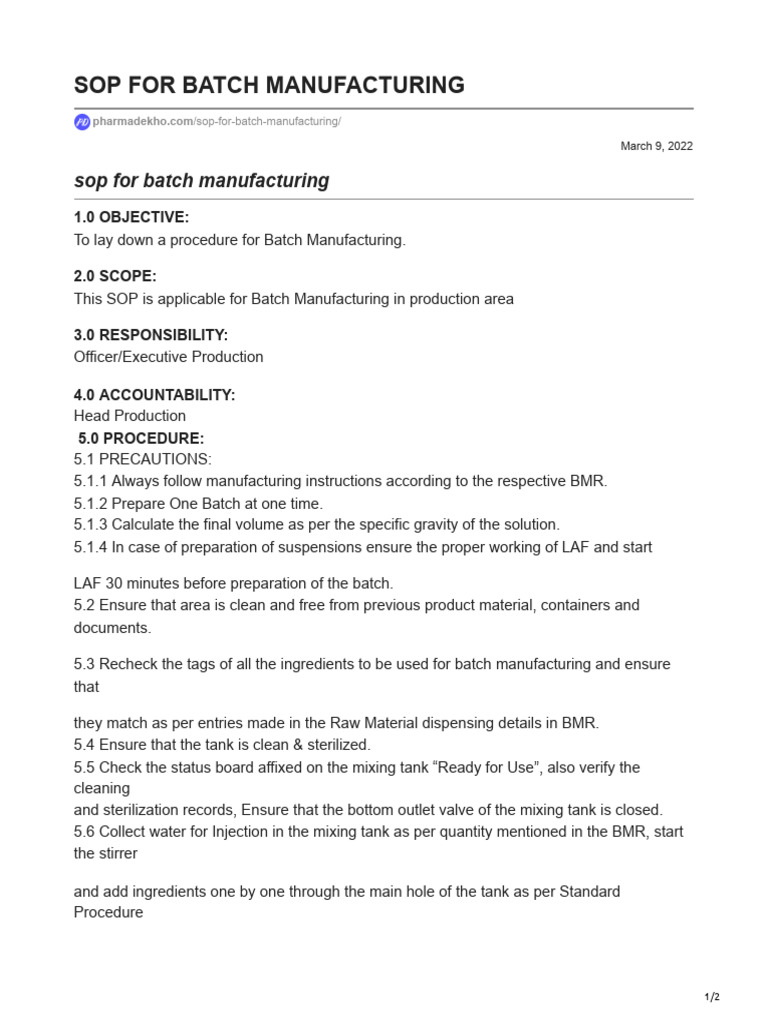 Sop For Batch Manufacturing | PDF | Quality Assurance