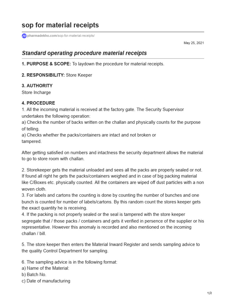 Sop For Material Receipts | PDF | Business | Computers