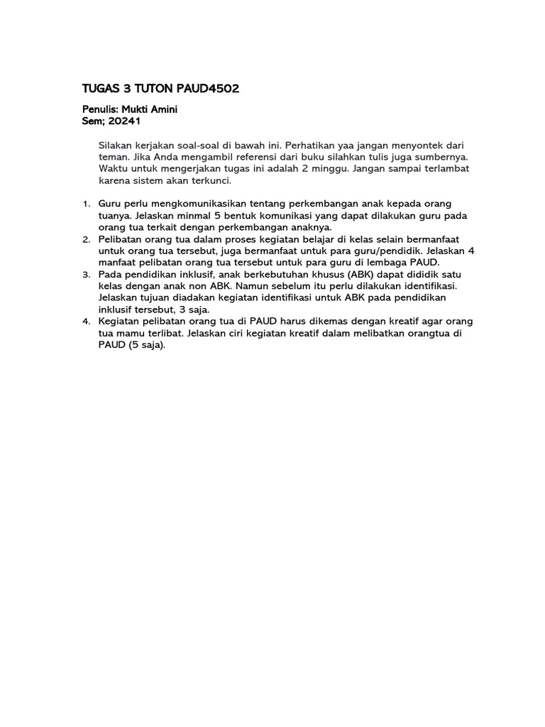 TUGAS 3 TUTON PAUD4502 Sem 20241 | PDF