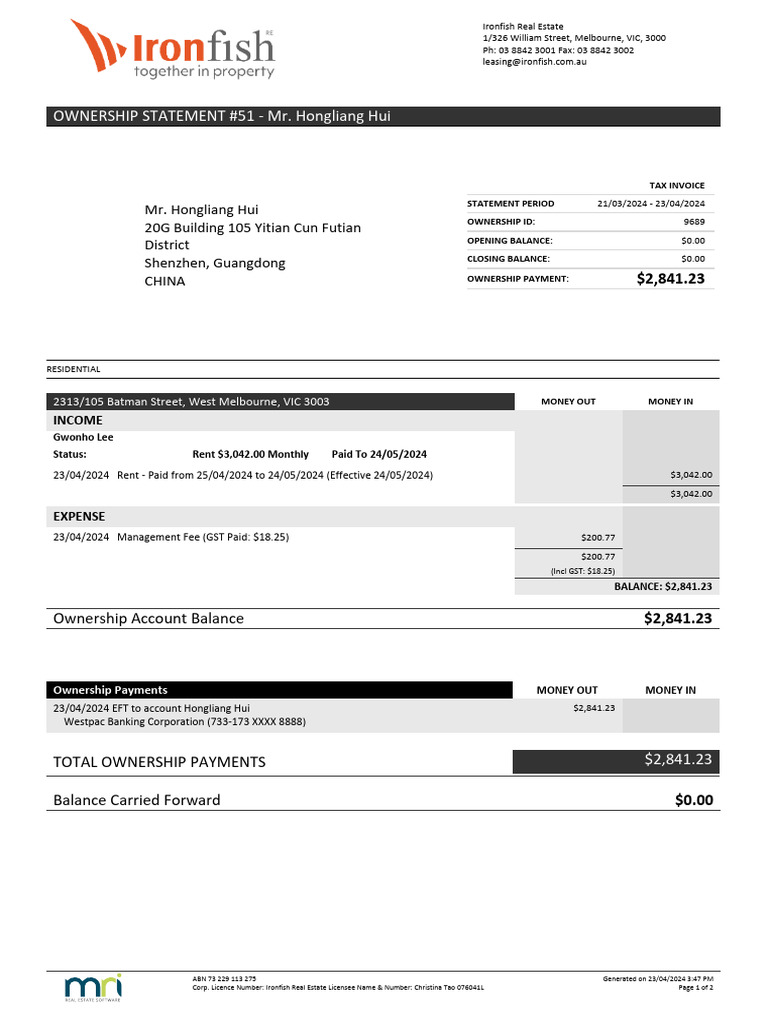 Ironfish Real Estate Ownership Statement | PDF | Public Finance | Payments