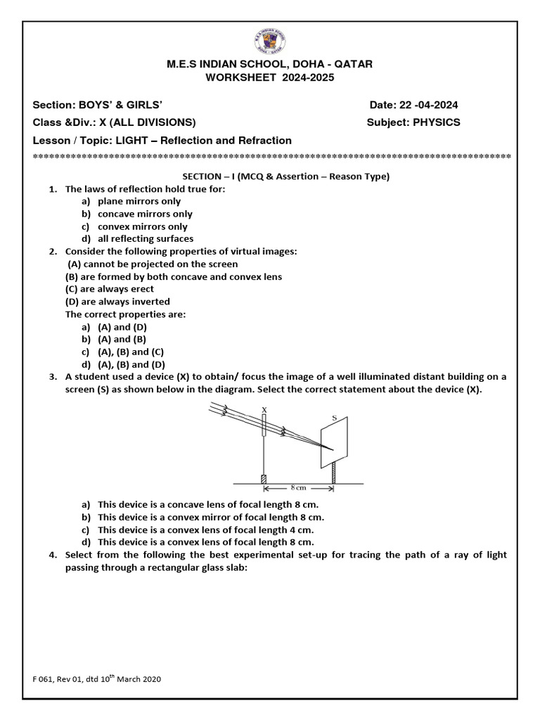 Phy Ws | PDF | Mirror | Optics
