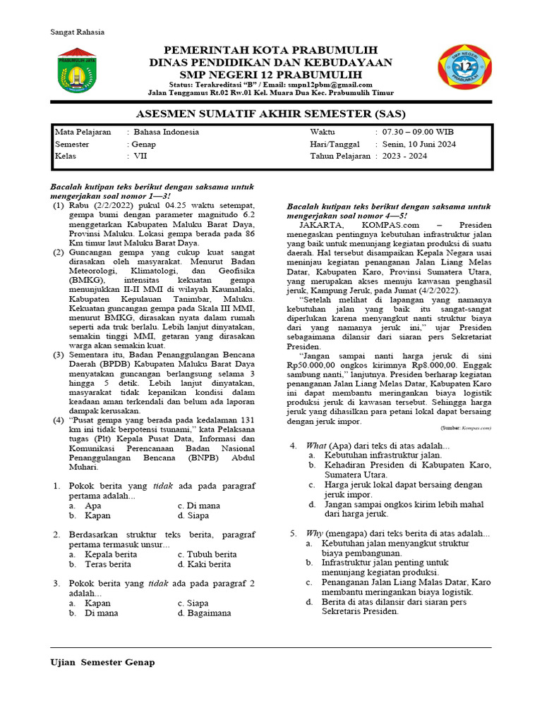Soal Pas Kelas Vii B.indo 2022-2023 | PDF