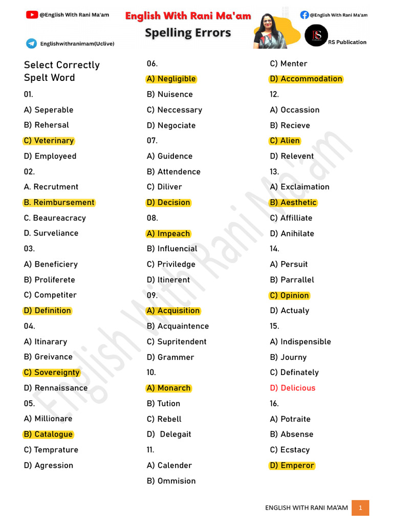 Spelling Error Identification Exercises | PDF