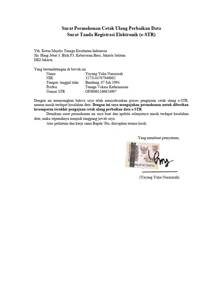 Surat Permohonan Cetak Ulang Perbaikan Data STR | PDF