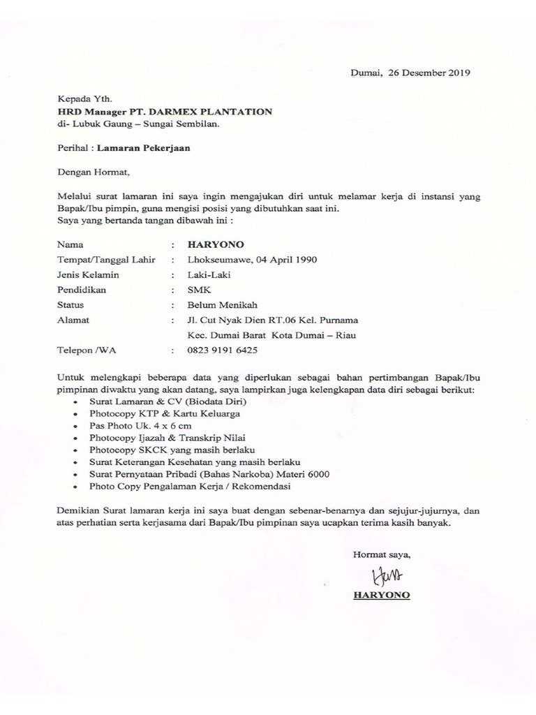 Berkas Lamaran Haryono PT. Darmex Plantation | PDF