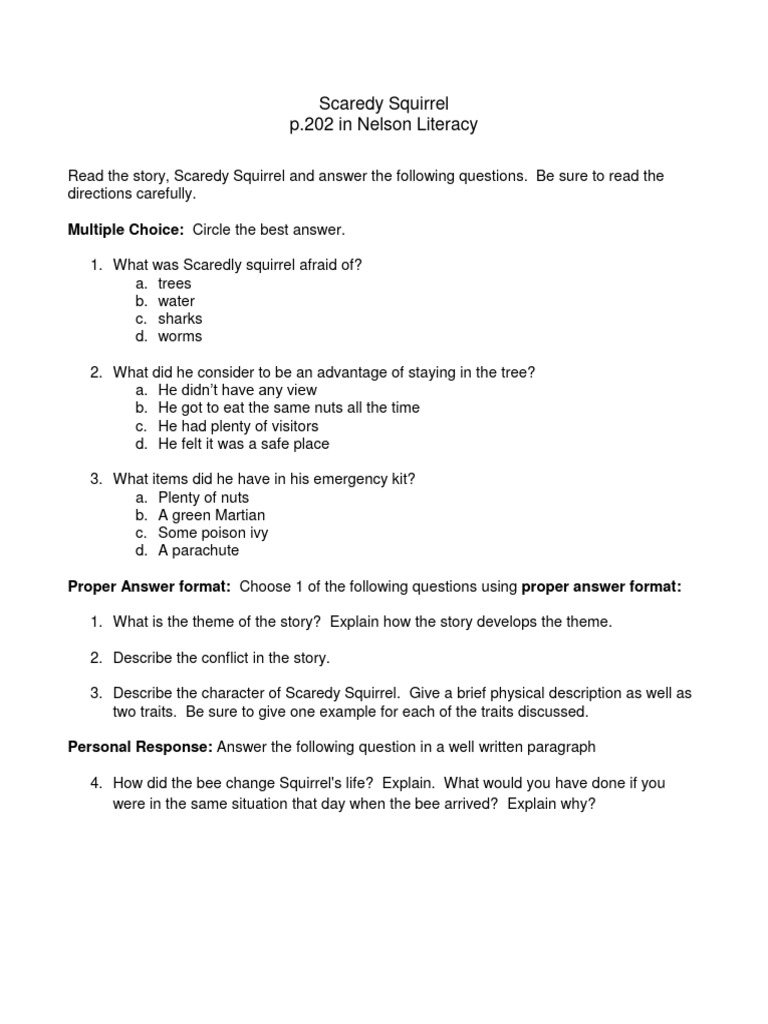 Scaredy Squirrel Practice For Test With Sample Answers | PDF | Multiple ...