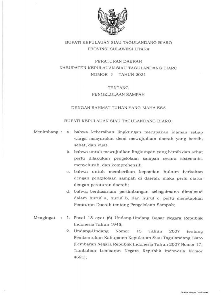 Perda No 3 THN 2021 TTG Pengelolaan Sampah | PDF