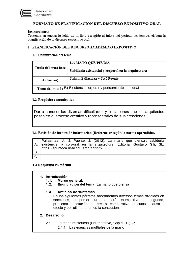 Formato de Planificación Del Discurso Expositivo Oral | PDF ...