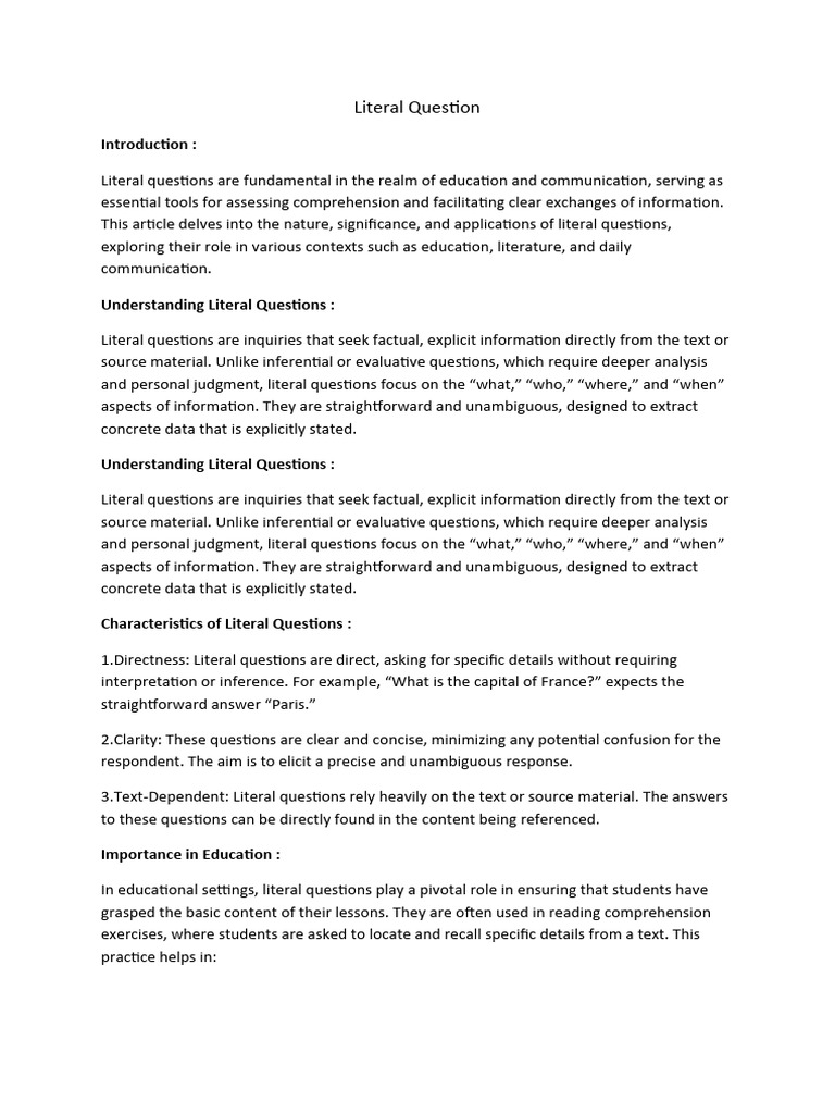 Literal Question | PDF | Reading Comprehension | Information