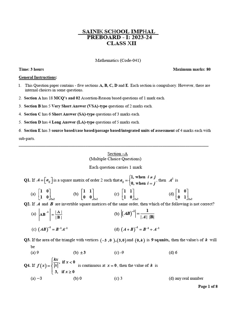 Class 12 Maths Preboard 1 Set 2 | PDF | Mathematical Objects | Applied Mathematics