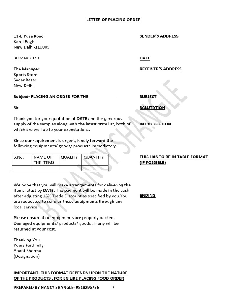 Letter of Placing Order | PDF