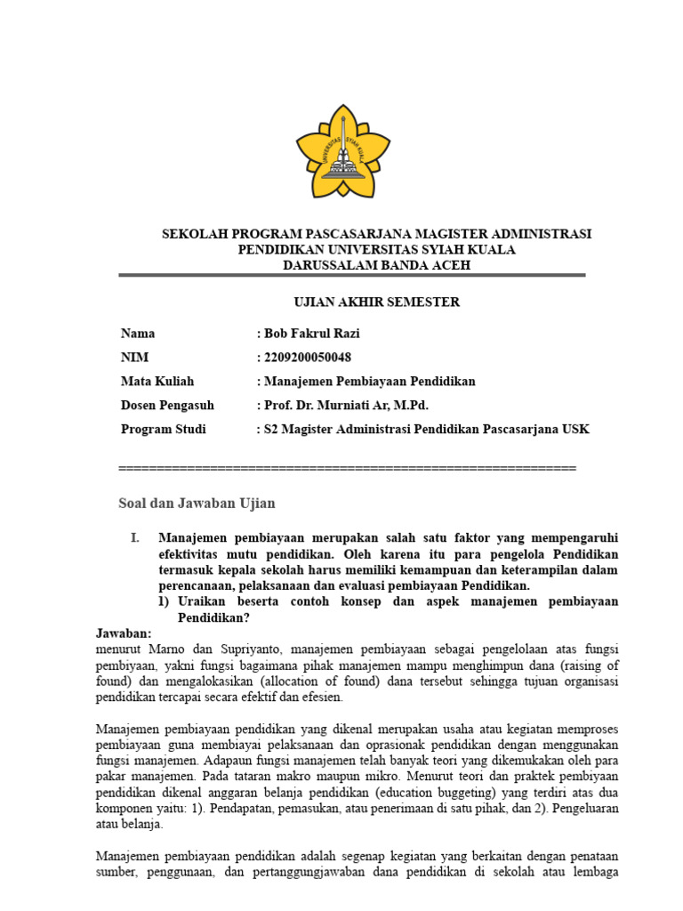 Jawaban Bob Uas Pembiayaan Pend 2024 | PDF | Karier & Perkembangan