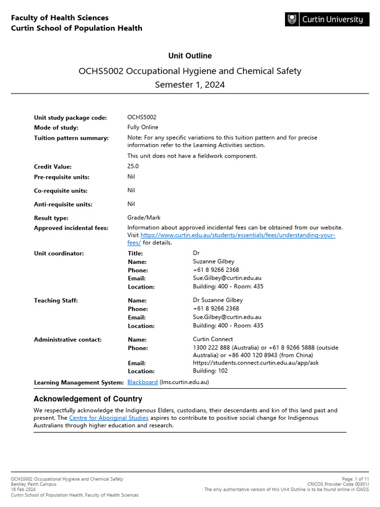OCHS5002 Occupational Hygiene and Chemical Safety Semester 1 2024 ...