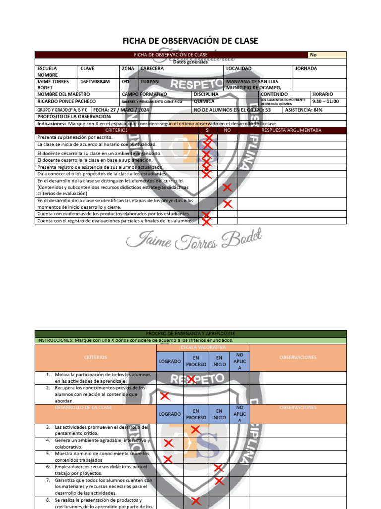 Ficha de Observación de Clase | PDF | Evaluación | Aprendizaje