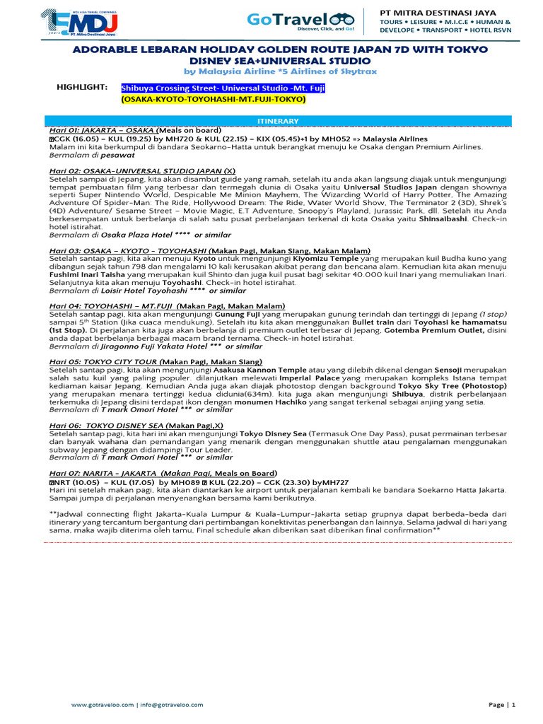 ADORABLE LEBARAN HOLIDAY GOLDEN ROUTE JAPAN 7D 2024 Upd Jan 2024 | PDF