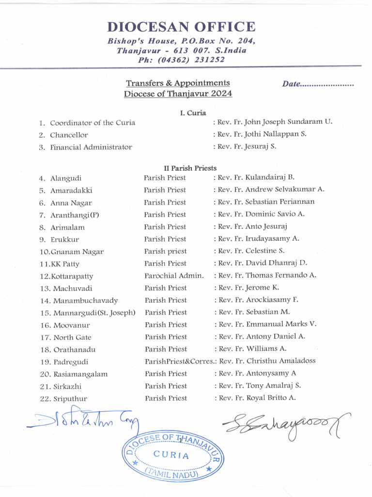 Thanjavur Diocese - Transfer List 2024 | PDF | Catholic Church | Church Organization