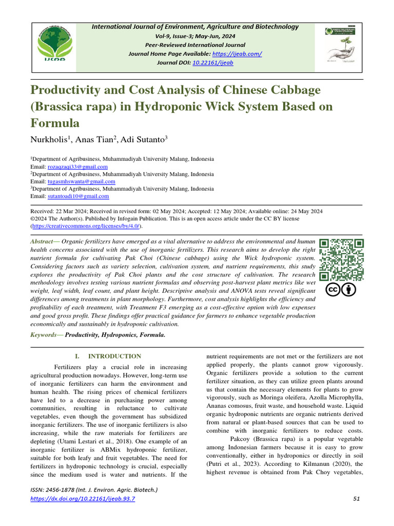 Productivity and Cost Analysis of Chinese Cabbage (Brassica Rapa) in ...