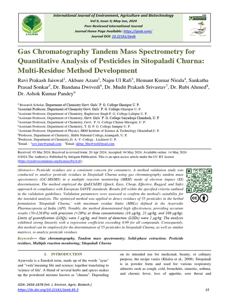 Gas Chromatography Tandem Mass Spectrometry For Quantitative Analysis of Pesticides in ...