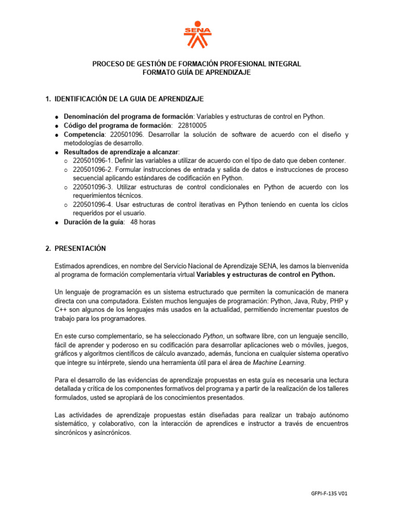 Variables y Control en Python: Guía SENA | PDF | Lenguaje de ...