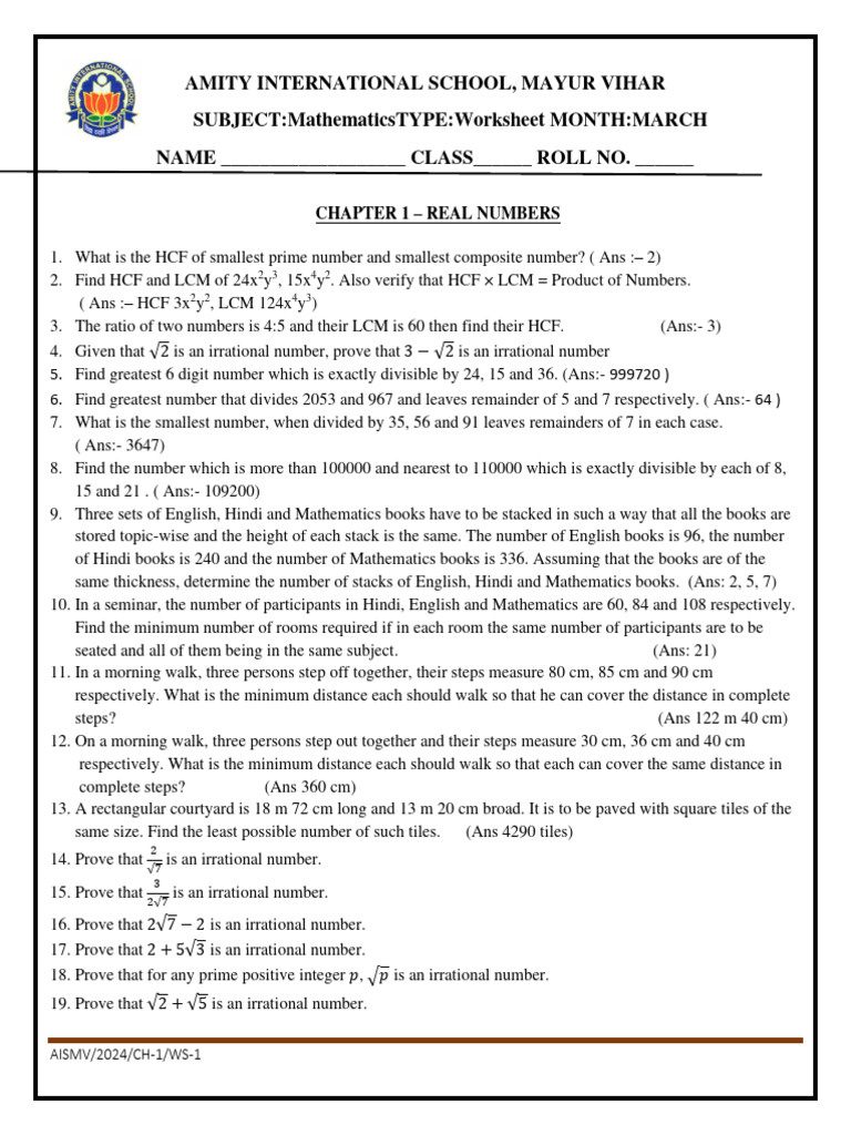 Amity International School, Mayur Vihar Subject:Mathematicstype:Worksheet Month:March Name ...