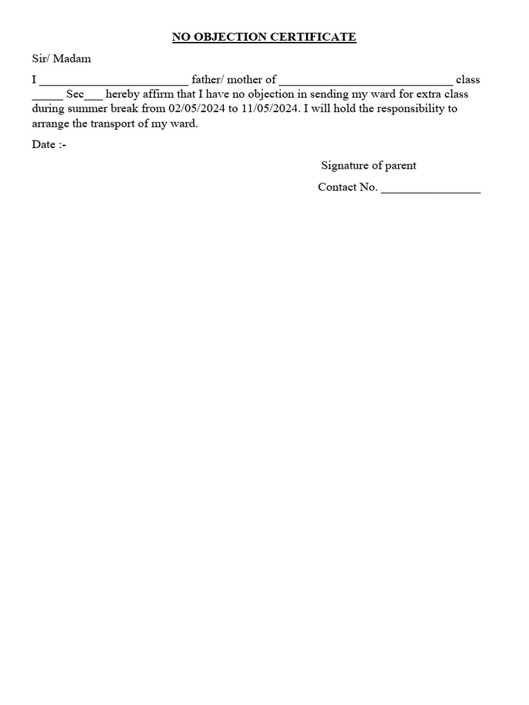 Summer Class No Objection Certificate | PDF