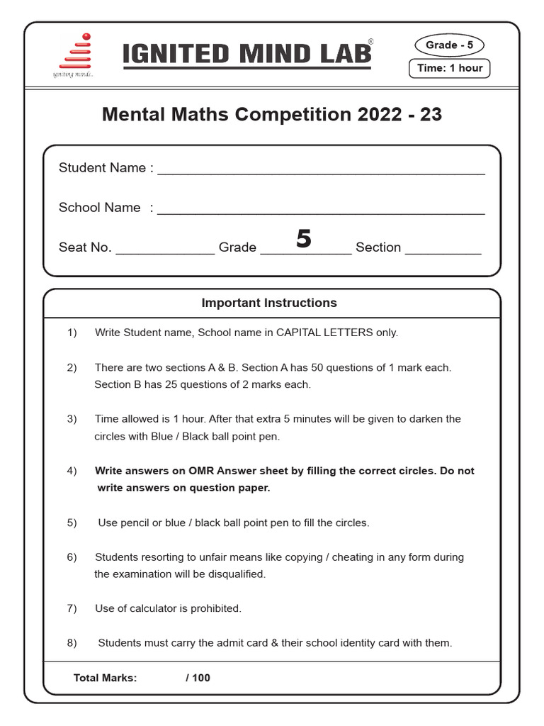 Grade 5 Mental Math Competition 2022 | PDF | Speed
