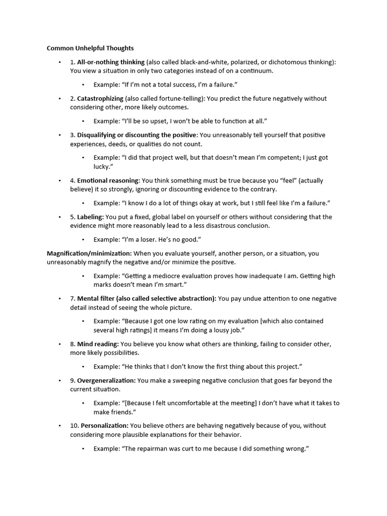 Common Unhelpful Thoughts | PDF | Psychotherapy | Cognitive Behavioral ...
