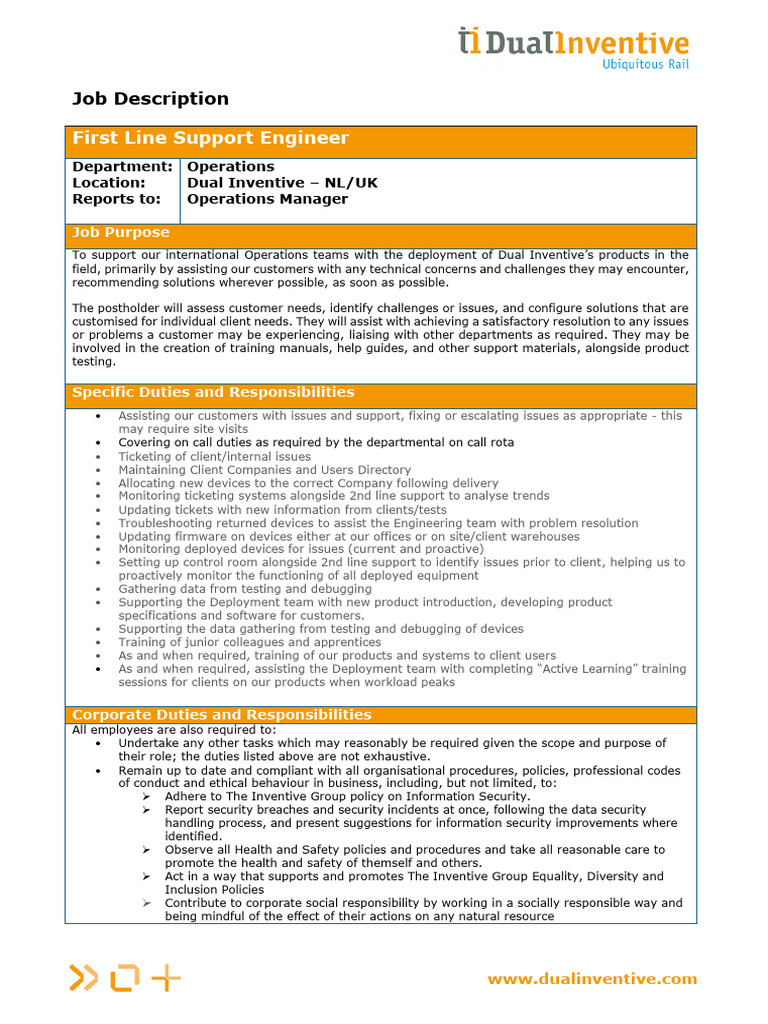 First Line Support Engineer Job Description | PDF | Information ...
