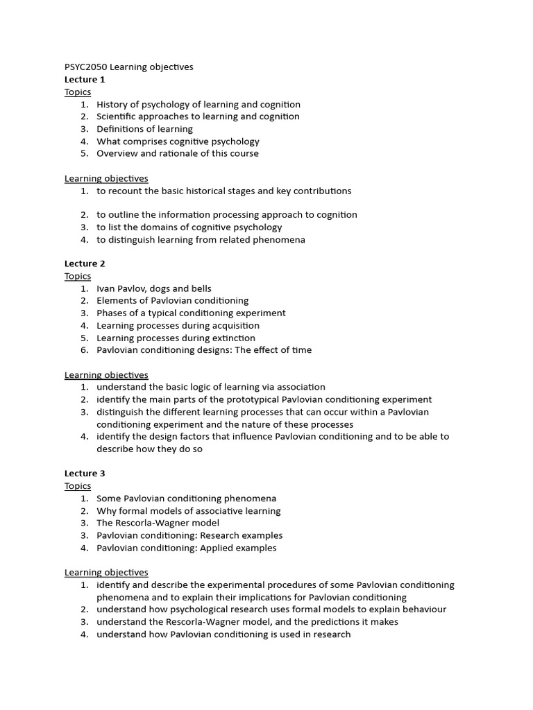 PSYC2050 Learning Objectives | PDF | Classical Conditioning | Memory