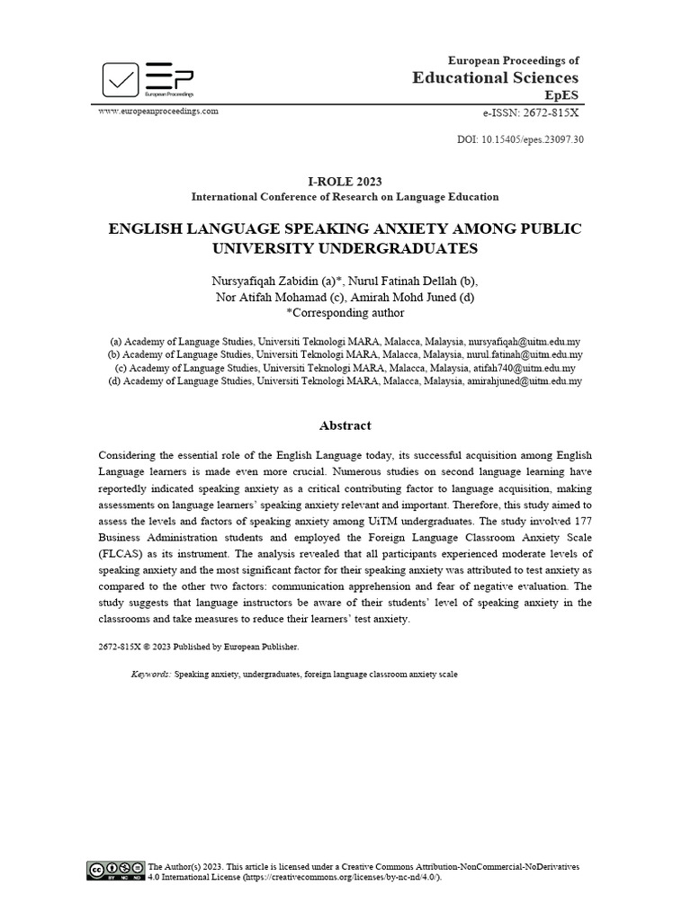 English Language Speaking Anxiety Among Public Uni | PDF | Anxiety ...