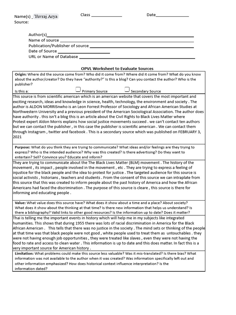 Yuvraj OPVL Worksheet PDF | PDF | Information | Black Lives Matter