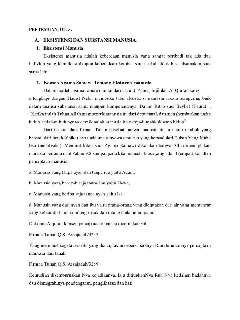 Pertemuan Ke-5 Pengantar Metafisika EKSISTENSI DAN SUBSTANSI MANUSIA | PDF