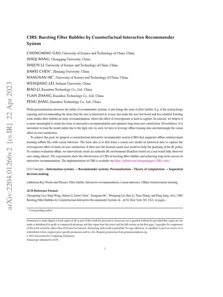 Bursting Filter Bubbles by Counterfactual Interactive Recommender System | Download Free PDF ...