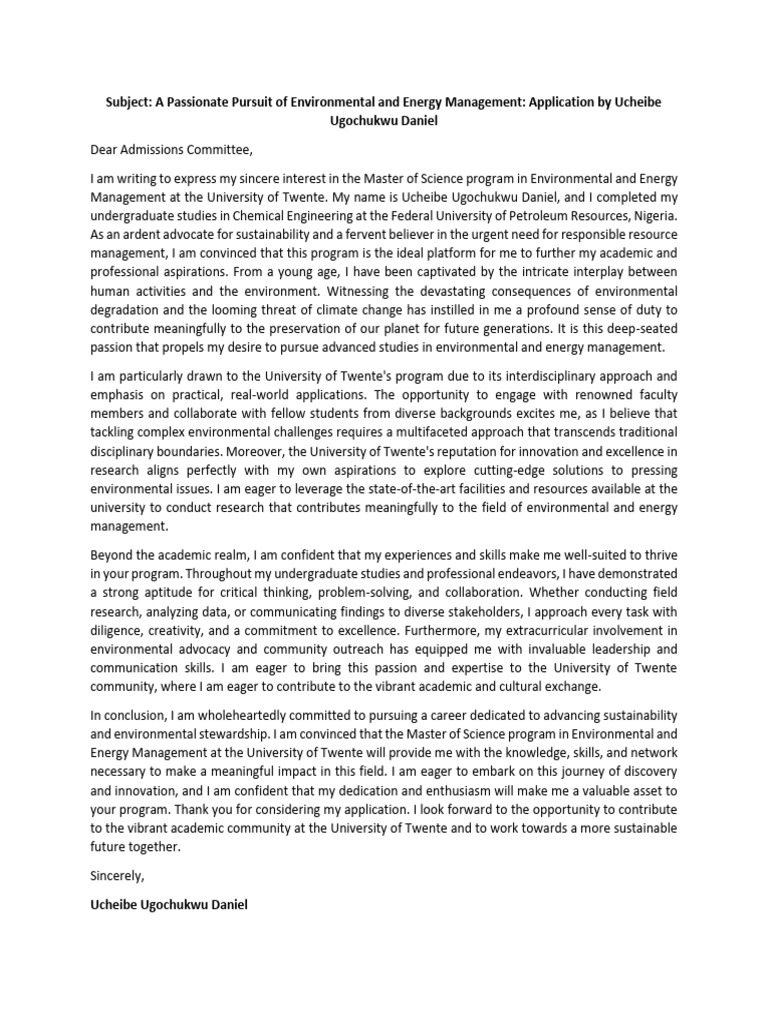 Subject Twente University Motivational Letter | PDF | Sustainability