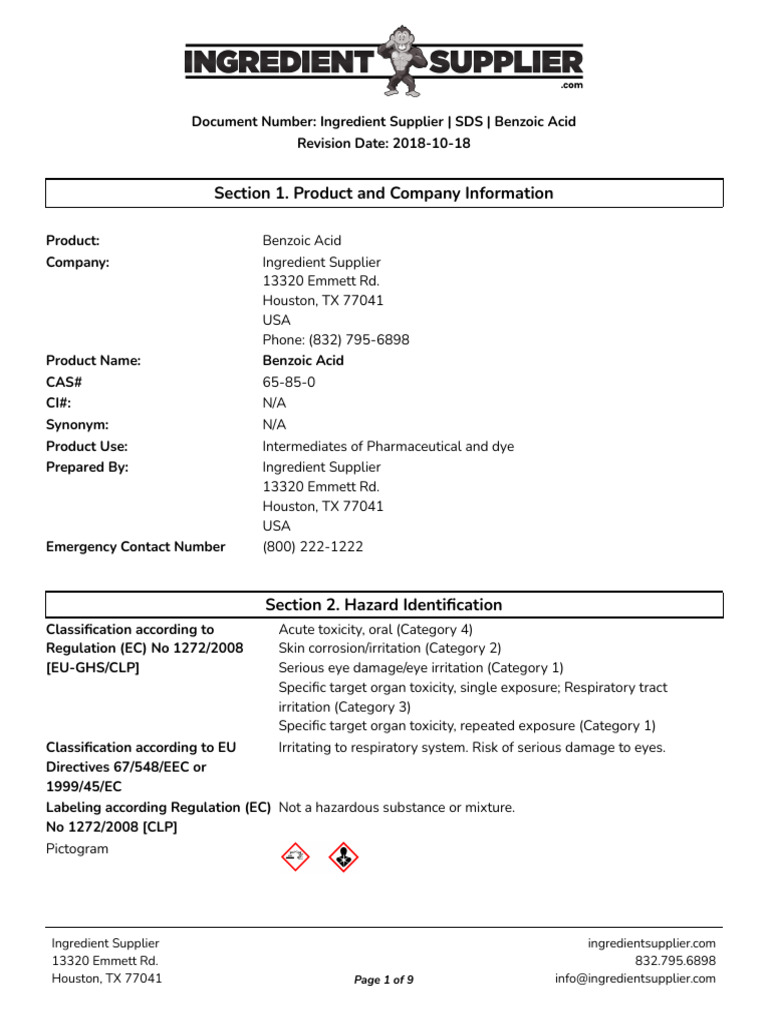 Benzoic Acid Safety Data Sheet | PDF | Dangerous Goods | Toxicity