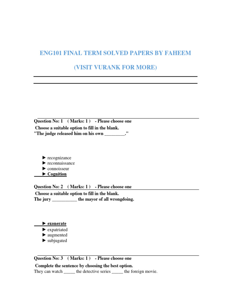 Eng101 Final Term Solved Papers by Faheem | PDF | Linguistics