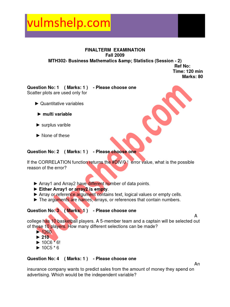 MTH302 Exam Questions and Answers | PDF | Errors And Residuals ...