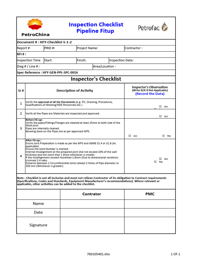 HFY-Checklist-5-1-2 - Pipeline - Fitup | PDF | Pipe (Fluid Conveyance ...